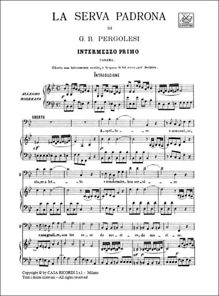 PERGOLESI - La serva padrona, riduzione per canto e pianoforte, copert ...