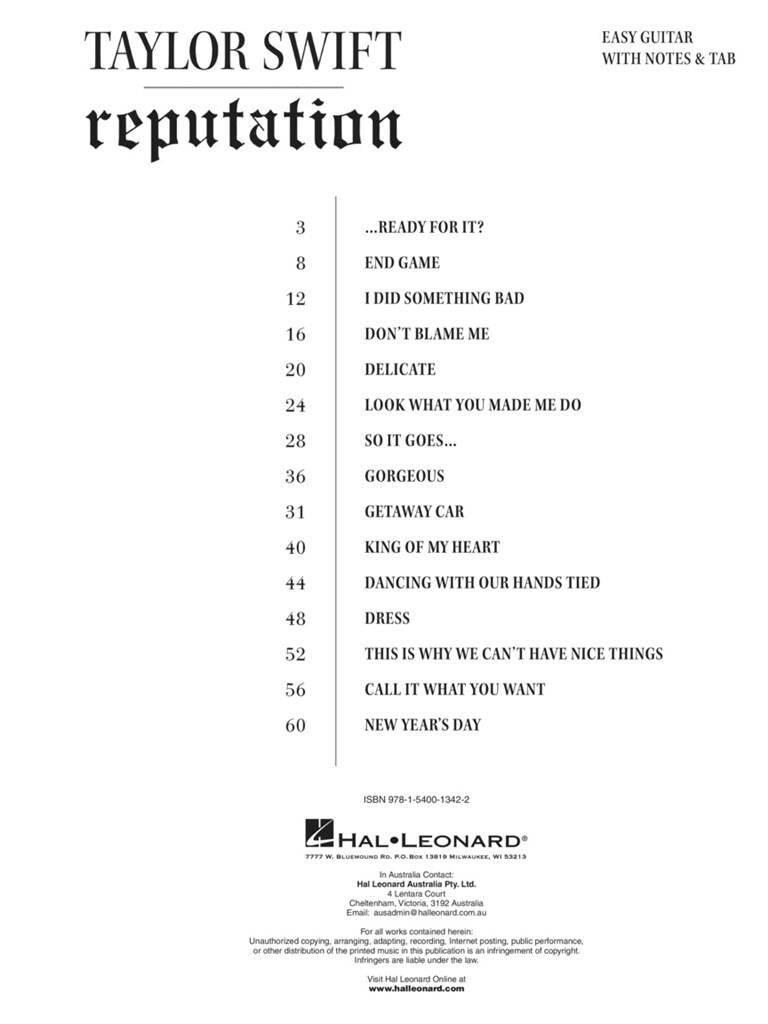 SWIFT - Reputation, spartito ufficiale (Easy Guitar) – Bongiovanni Musica
