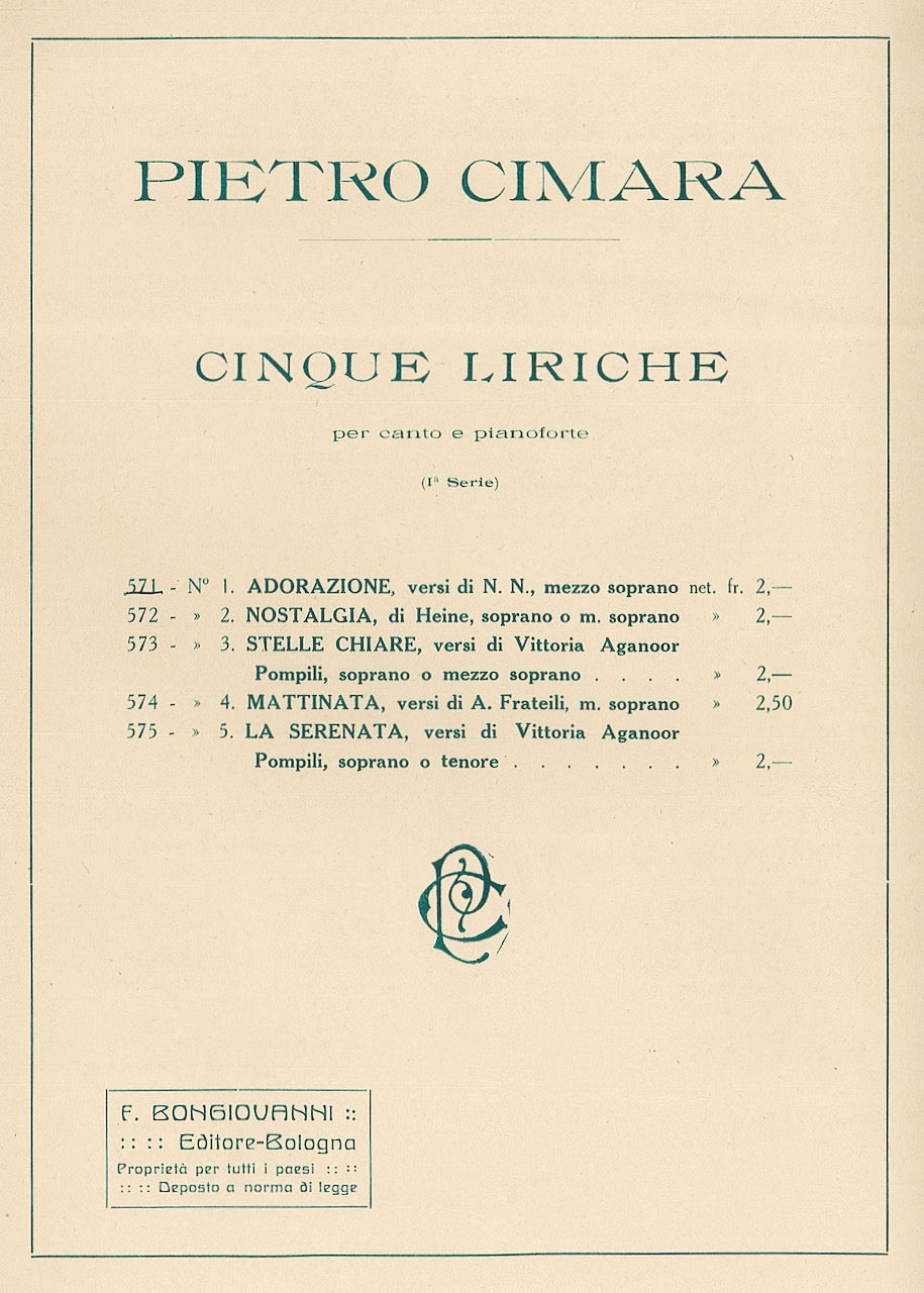 CIMARA - Cinque Liriche N. 1: Adorazione, per mezzo soprano ...