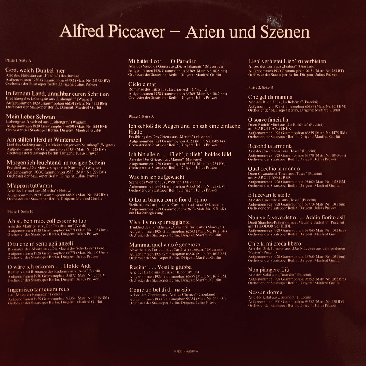 ALFRED PICCAVER • ARIEN UND SZENEN | LP – Bongiovanni Musica